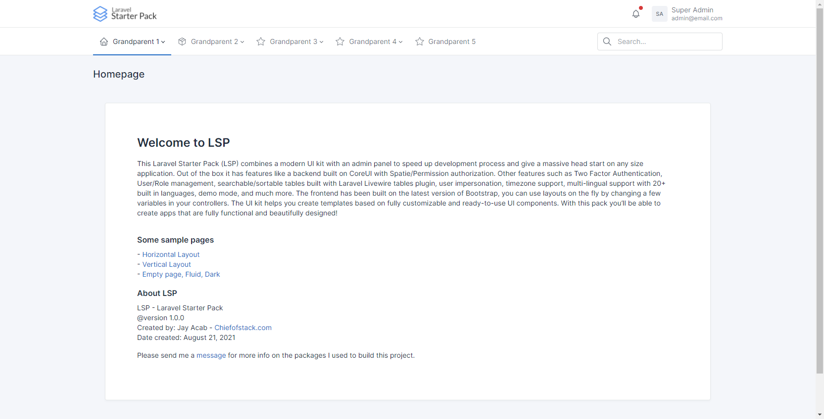 Laravel Starter Pack (LSP) - Chief of Stack